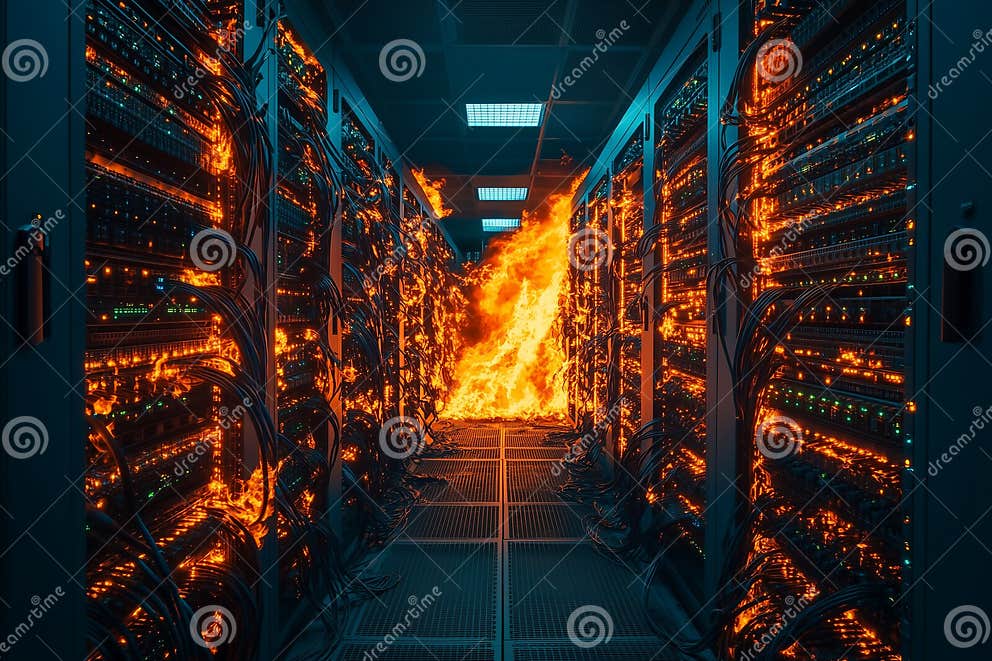 Modern data center on fire stock illustration. Illustration of rack ...