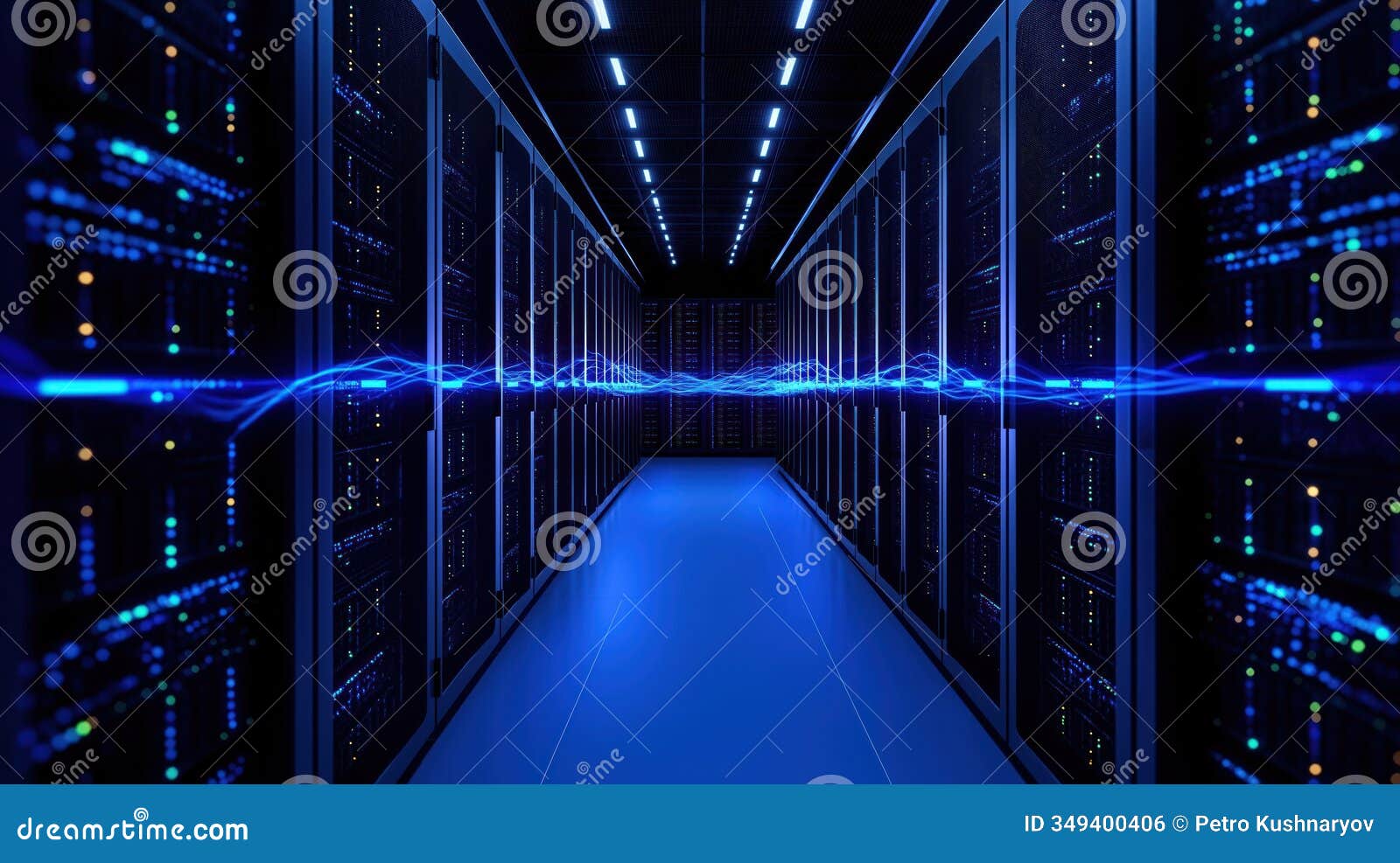 Modern Data Center Glowing with Blue Energy. Server Racks Line Hallway ...