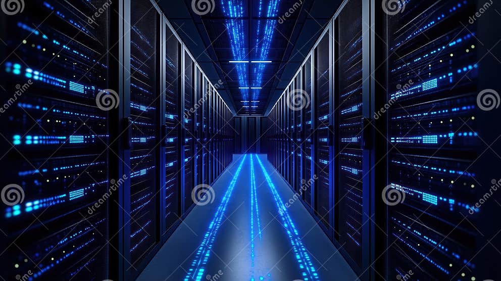 Modern Data Center. Glowing Blue Tech Infrastructure. Server Racks ...