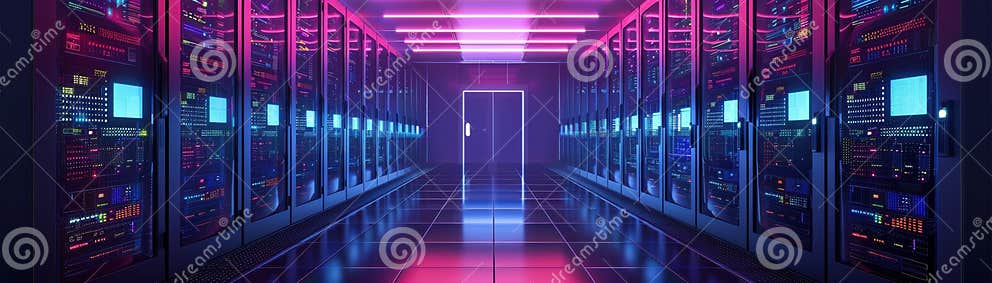 Modern Data Center Hall with Illuminated Servers, Showcasing High-tech ...