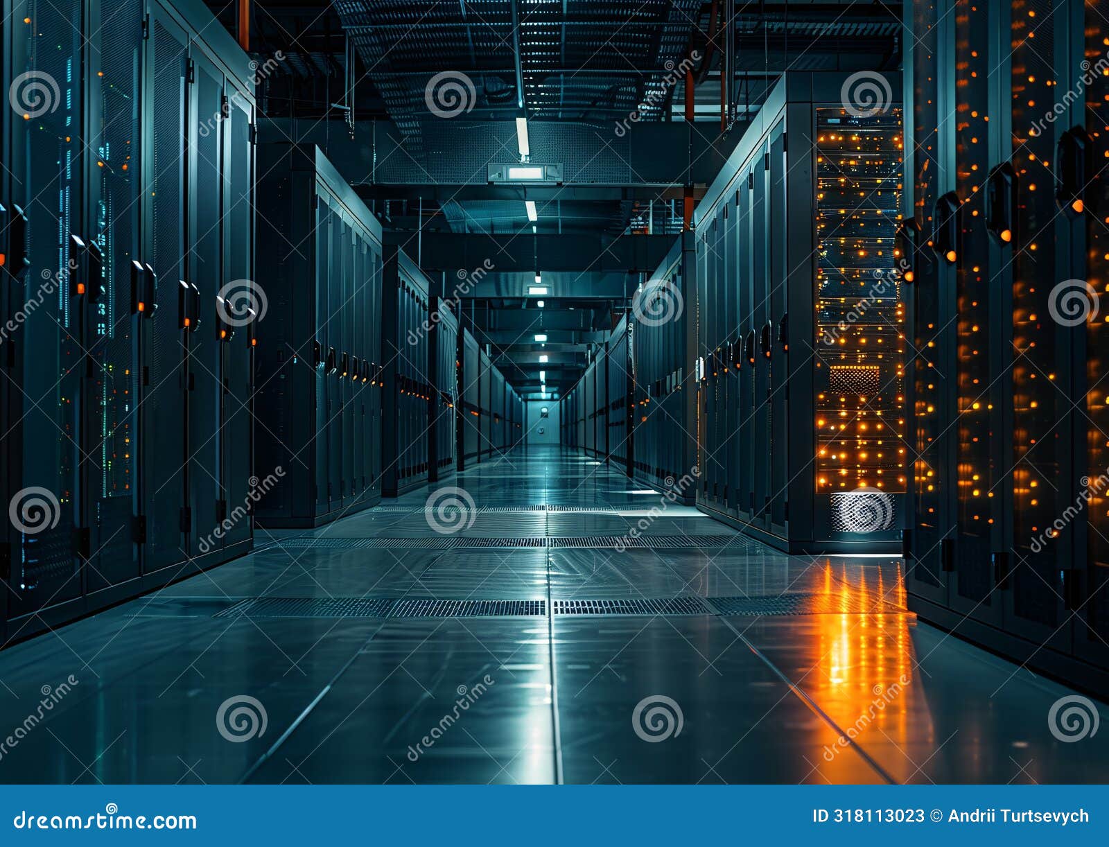 Modern Data Center Hallway with Blue Lighting and Advanced Servers ...