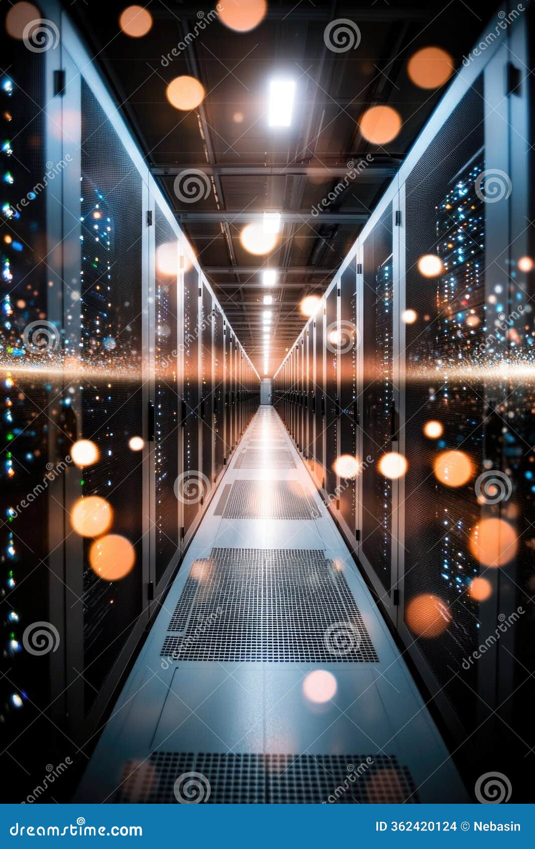 Modern Data Center Hallway with Illuminated Server Racks and Blurred ...