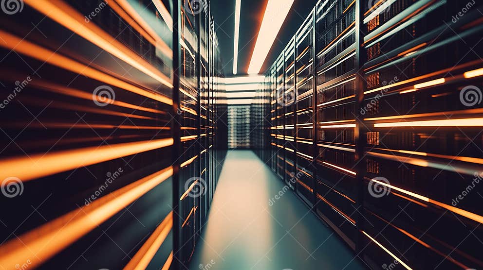 A Modern Data Center Hallway with Illuminated Server Racks Showcasing ...