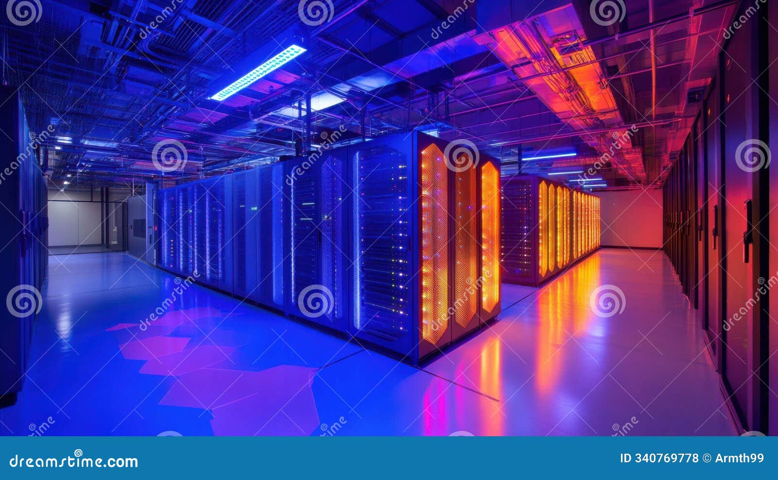 Modern Data Center with Illuminated Server Racks in Blue and Orange ...
