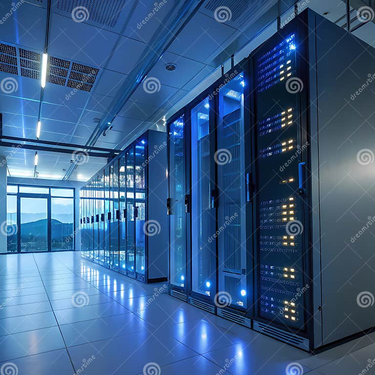 Modern Data Center with Illuminated Server Racks and Secure ...