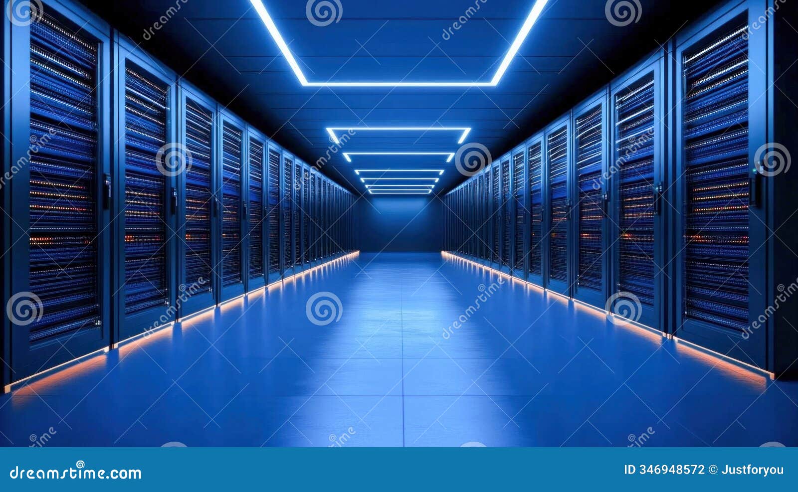 Modern Data Center Interior with Glowing Blue Lights Stock Illustration ...