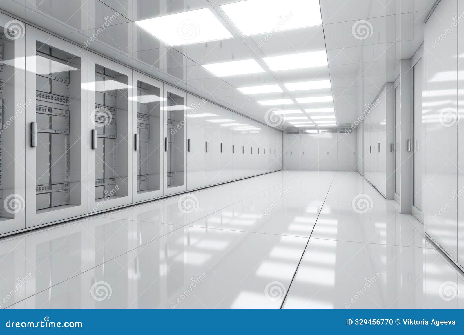 Modern Data Center Interior with Rows of Server Cabinets and Bright ...