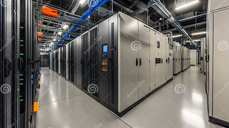 Modern Data Center Interior with Rows of Server Racks and Advanced ...