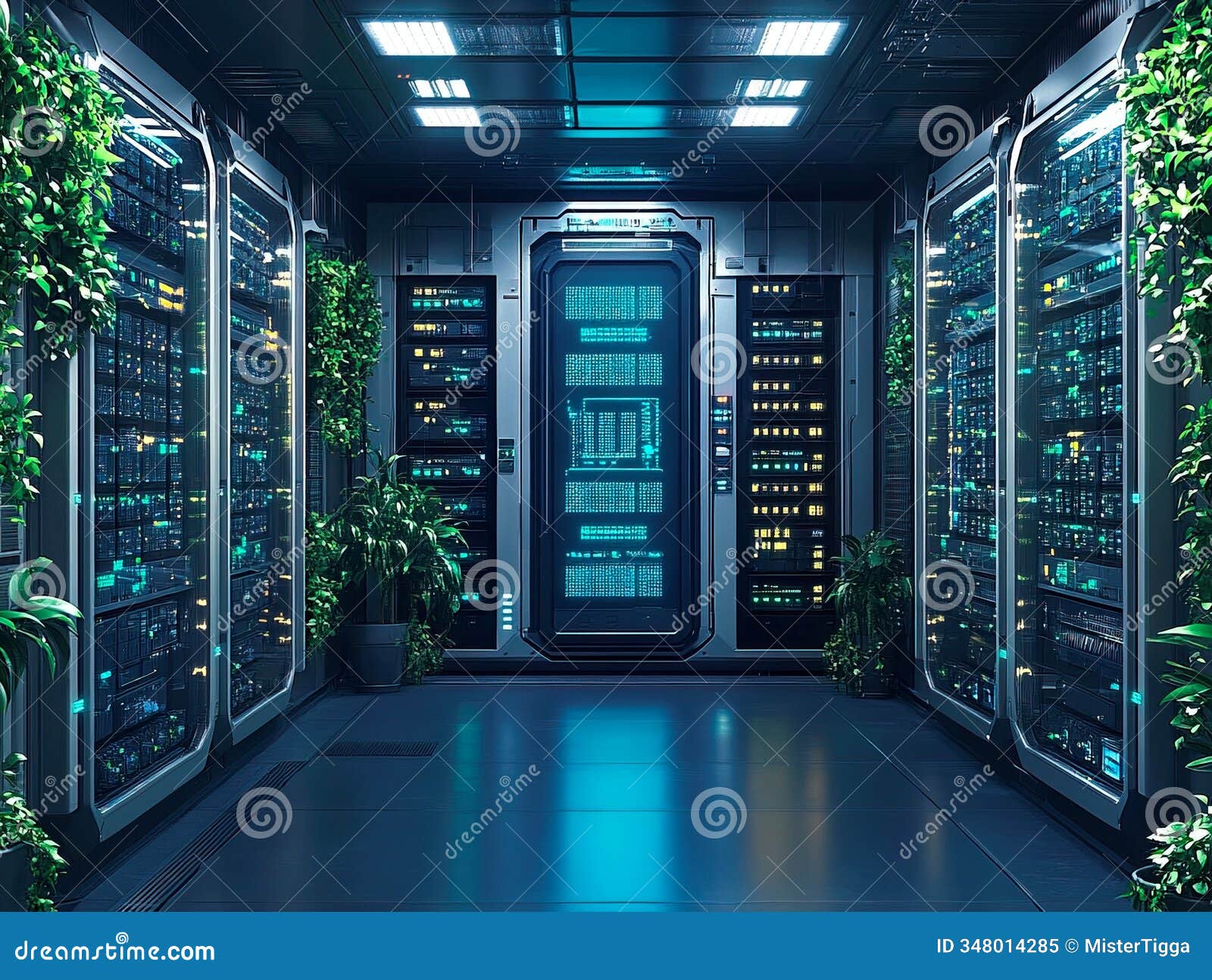 Modern Data Center Interior, Rows of Servers with Multiple Screens and ...