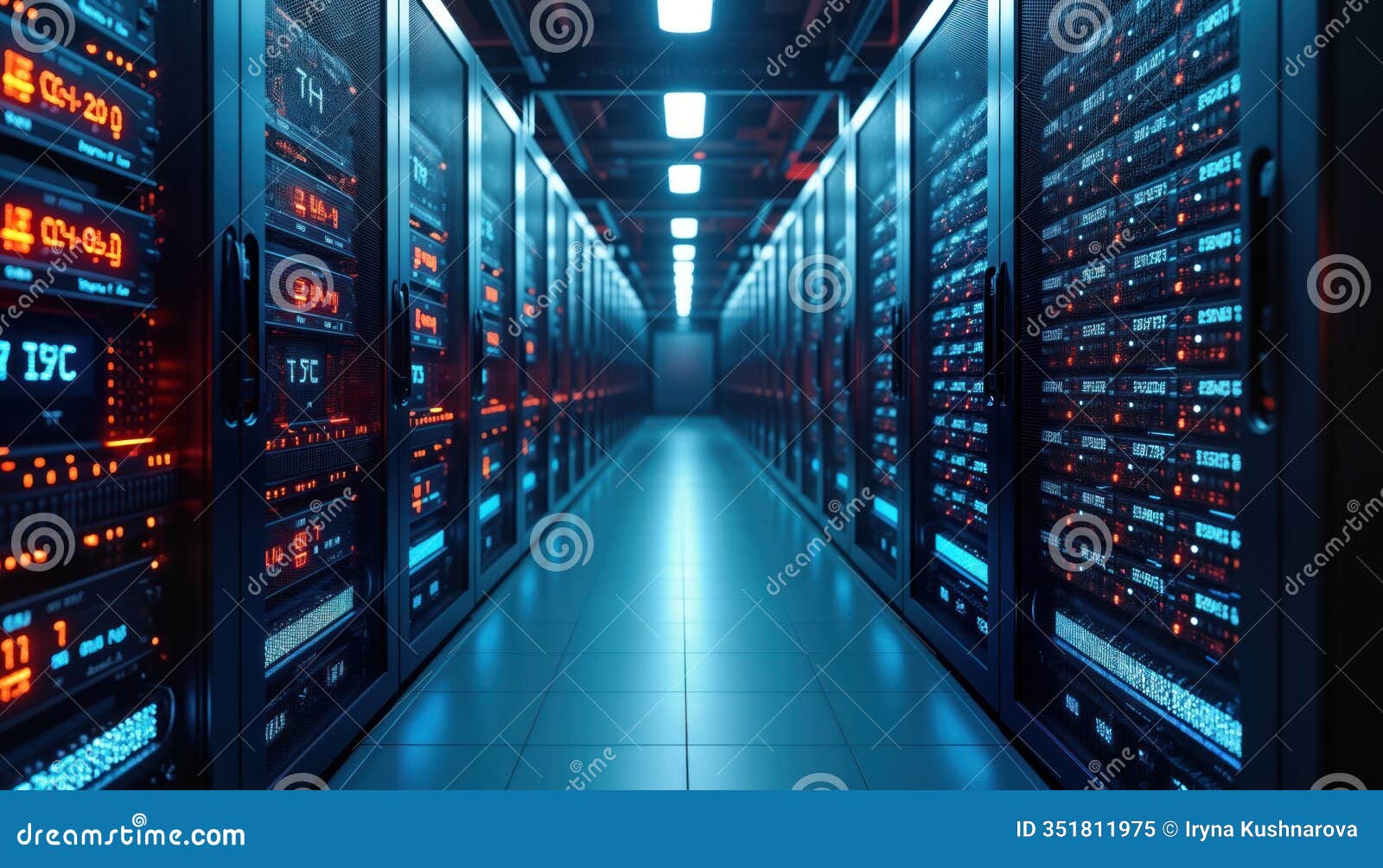 Modern Data Center Interior Shows Rows of Server Racks. Tech Equipment ...