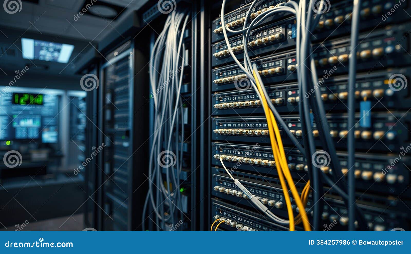 Network Panel, Switch, And Detailed Cable Arrangement In Data Center Room For Optimal Setup ...