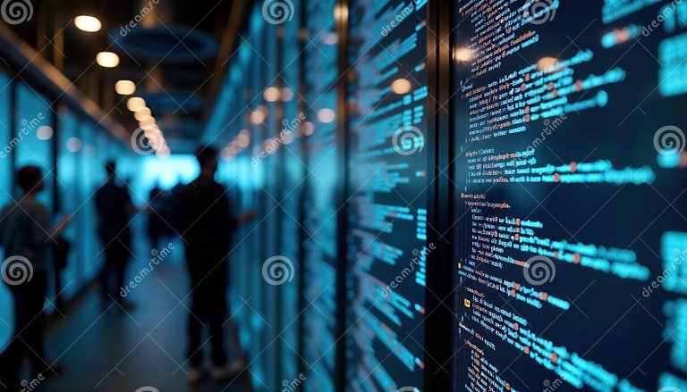 Modern Data Center at Night. People Working on Systems, Tech. Machine Learning Algorithms ...