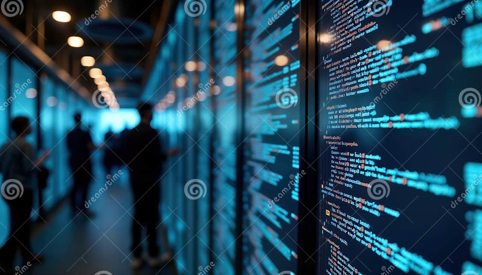 Modern Data Center at Night. People Working on Systems, Tech. Machine ...