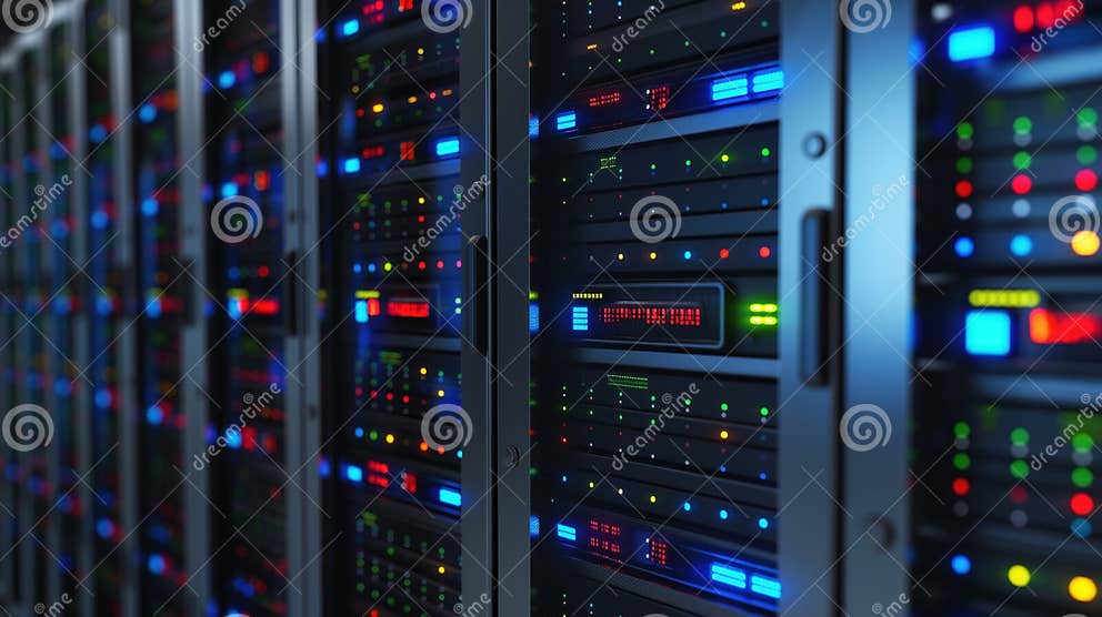 Modern Data Center Room with Multiple Servers in Rack Array ...