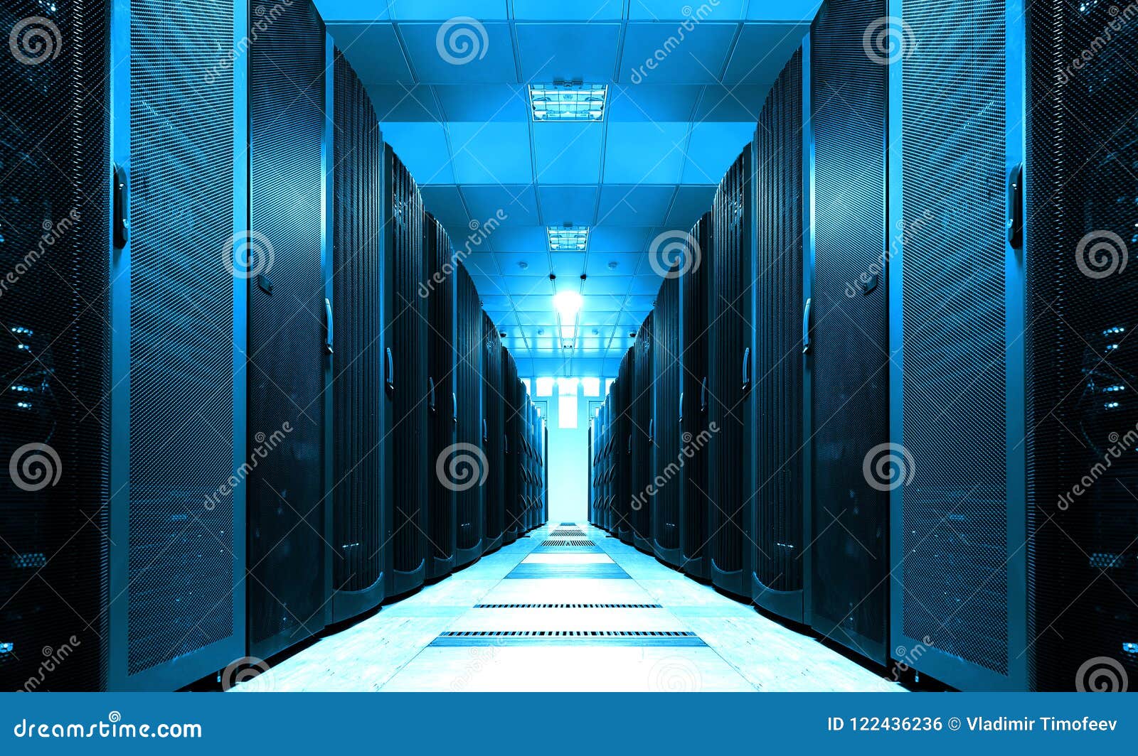 Inside the Long Server Room Tunnel with Bright Stock Photo - Image of ...