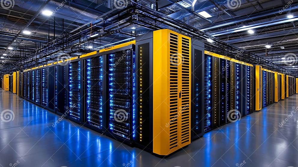 Modern Data Center Rows of Network Server Racks, Complex Cabling, and ...