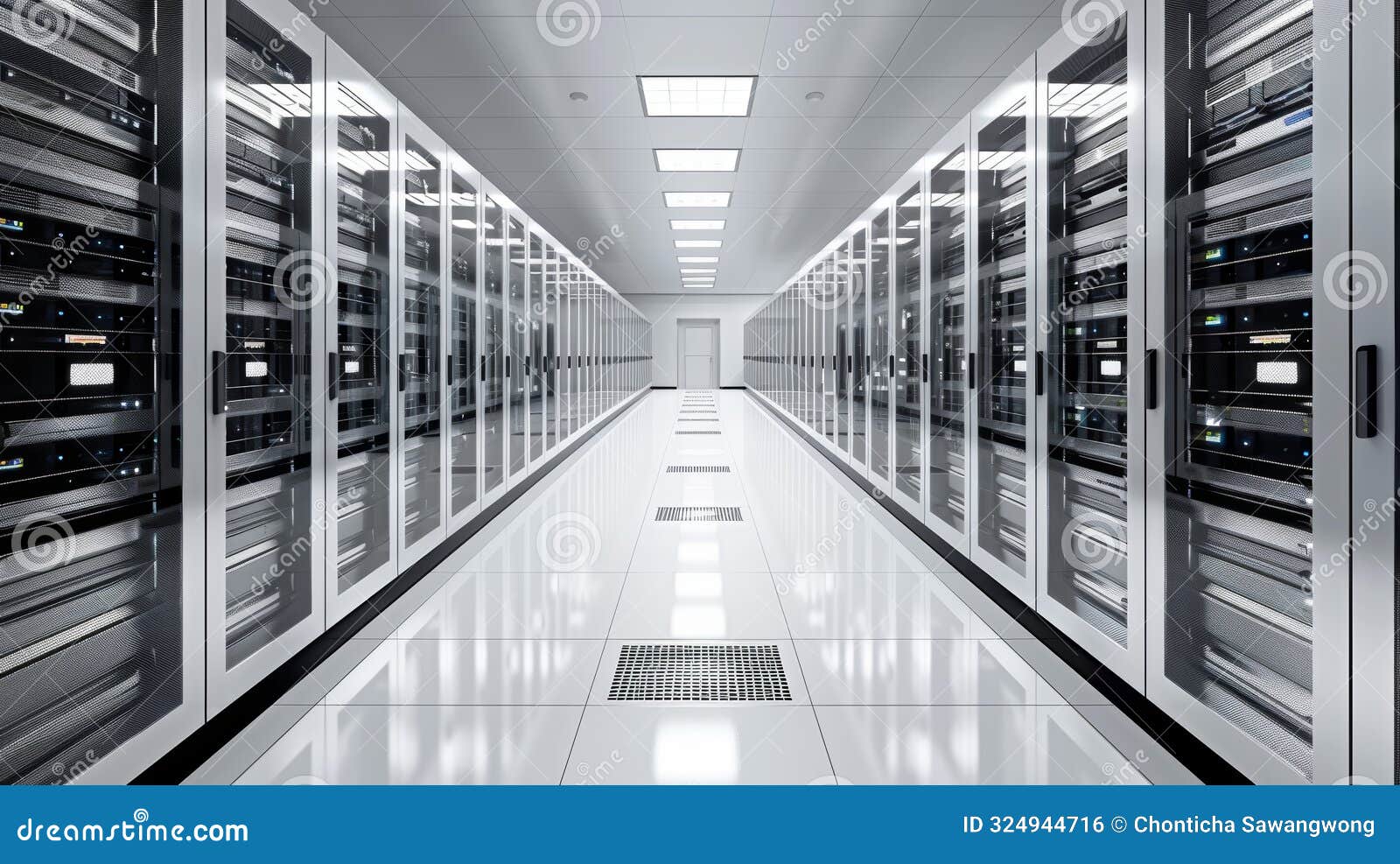 A Modern Data Center with Rows of Server Racks. the Corridor is Lit ...