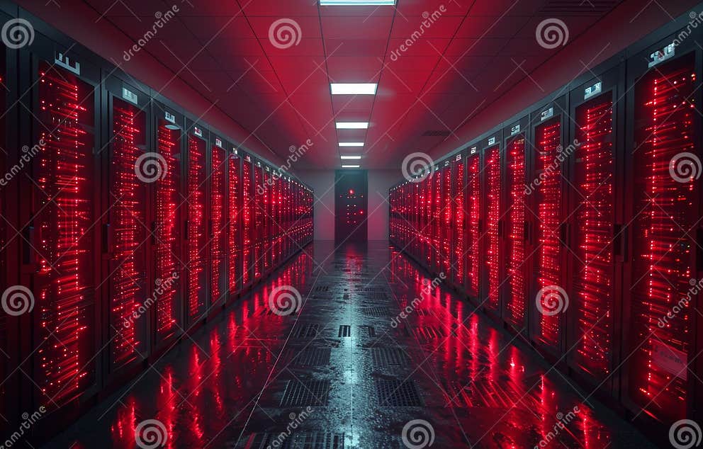Modern Data Center with Rows of Server Racks Illuminated by Red LED ...