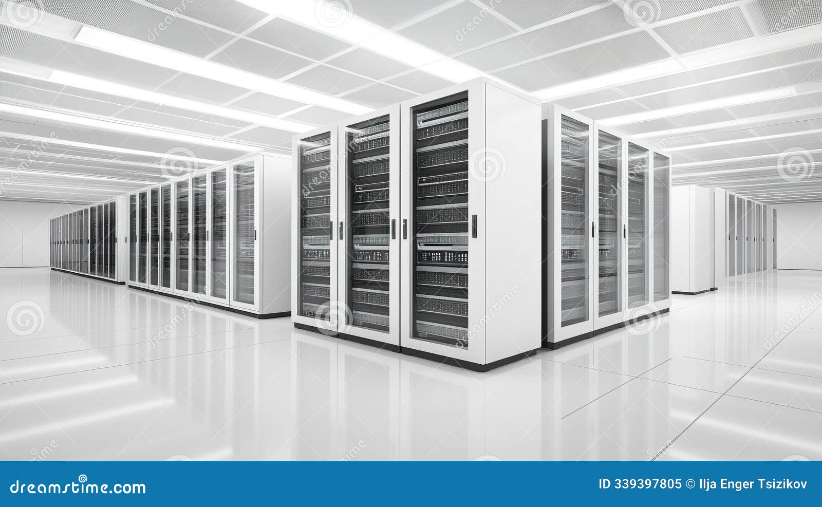 Modern Data Center with Rows of Server Racks, Network Hardware, Bright ...