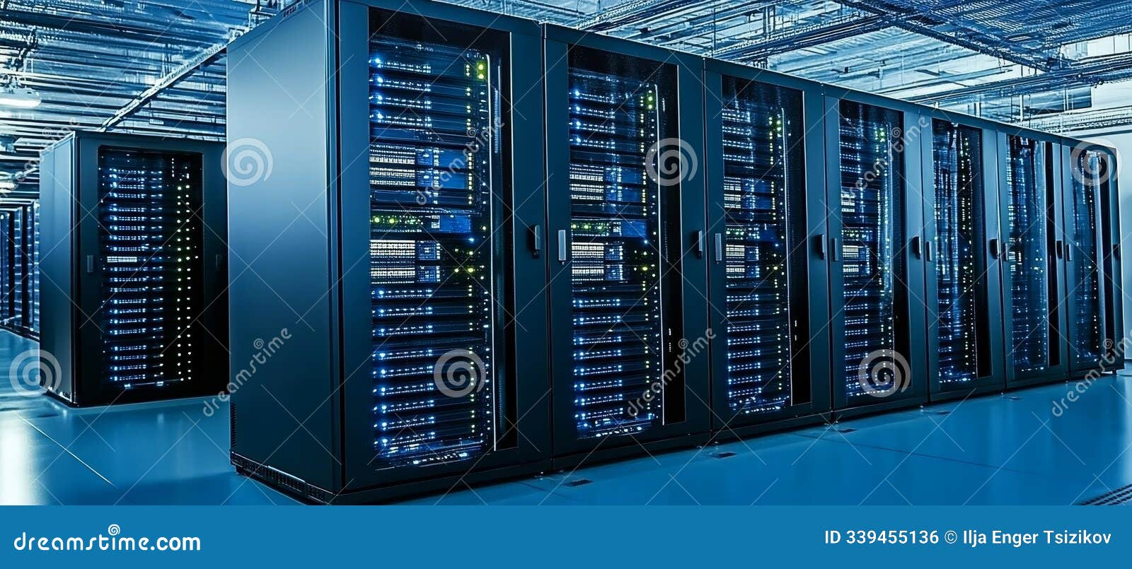 Modern Data Center with Rows of Server Racks, Network Hardware, and ...