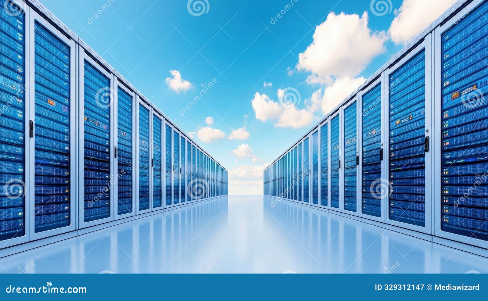 Modern Data Center with Rows of Server Racks Under a Bright Blue Sky ...
