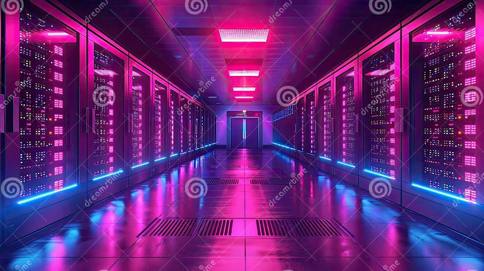 Modern Data Center with Rows of Servers Illuminated by Pink and Blue ...