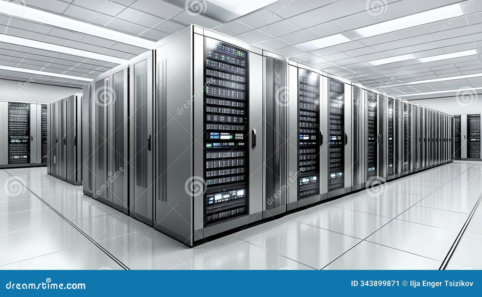 Modern Data Center, Rows of Servers, Network Equipment, Brightly Lit ...