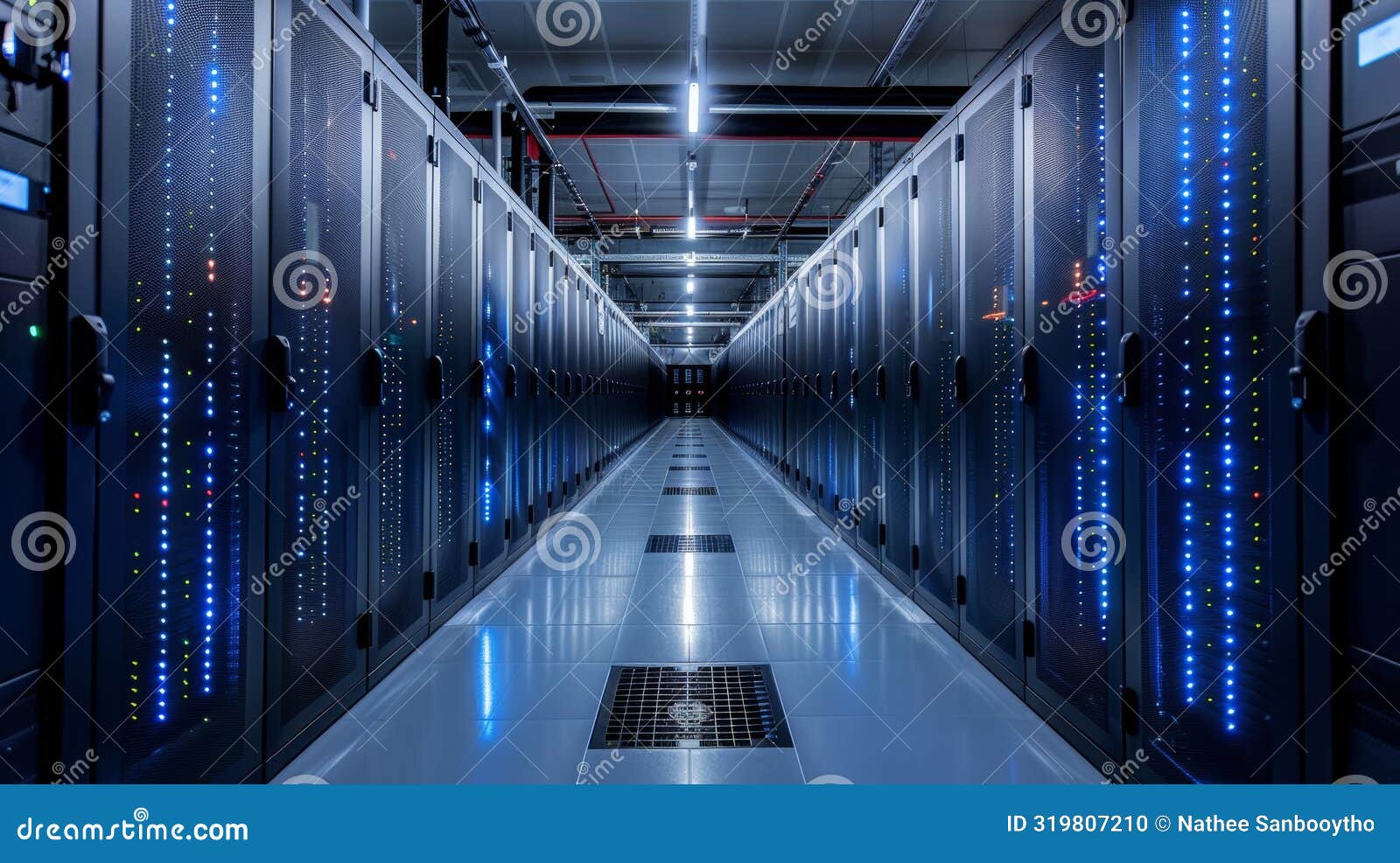 Modern Data Center with Server Racks, Blue Ambient Lighting, and ...