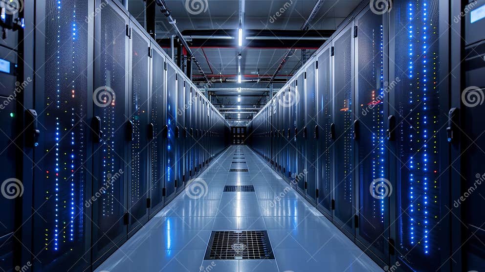 Modern Data Center with Server Racks, Blue Ambient Lighting, and Advanced Technology ...