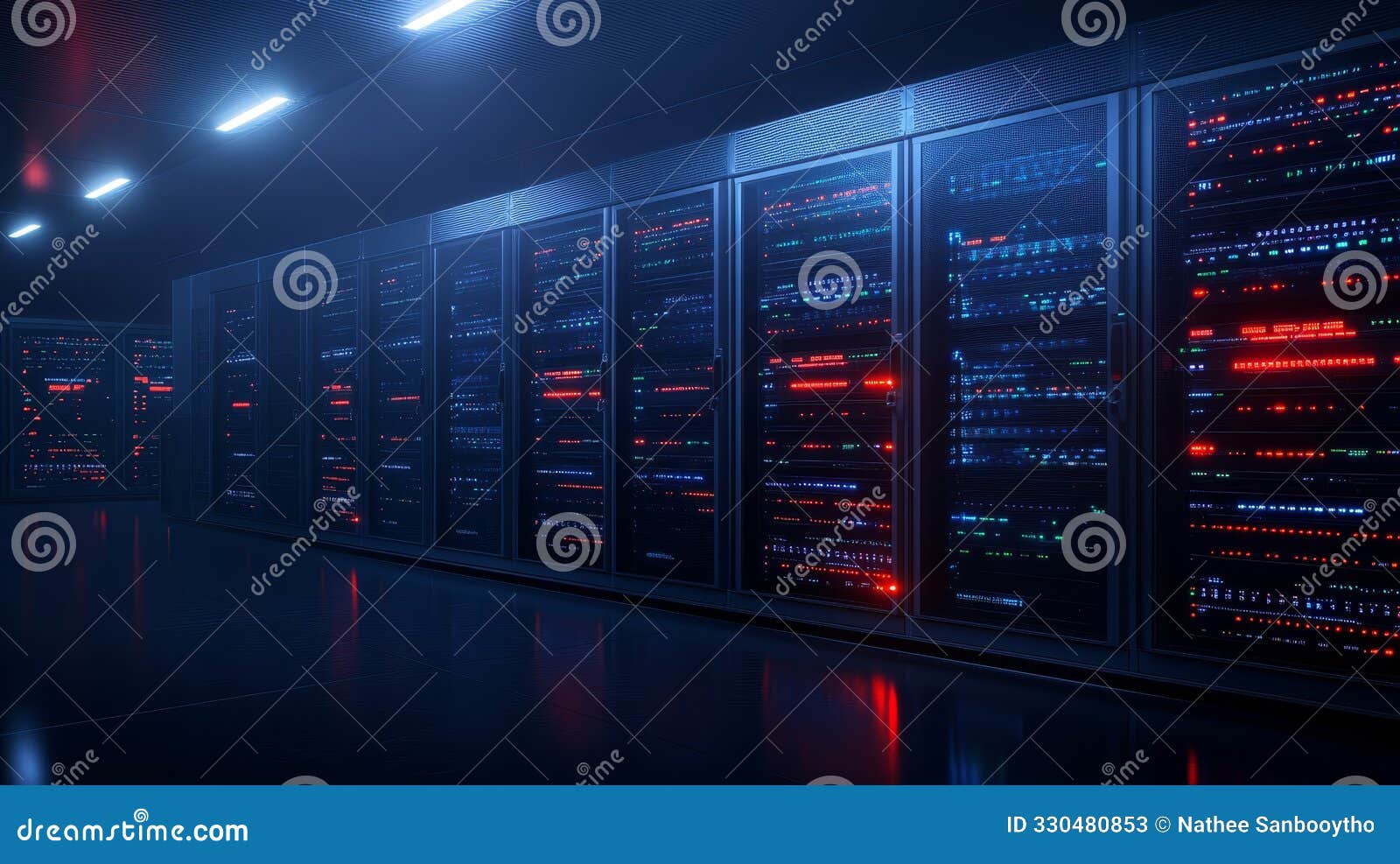 Modern Data Center with Server Racks in Blue Light Stock Illustration ...