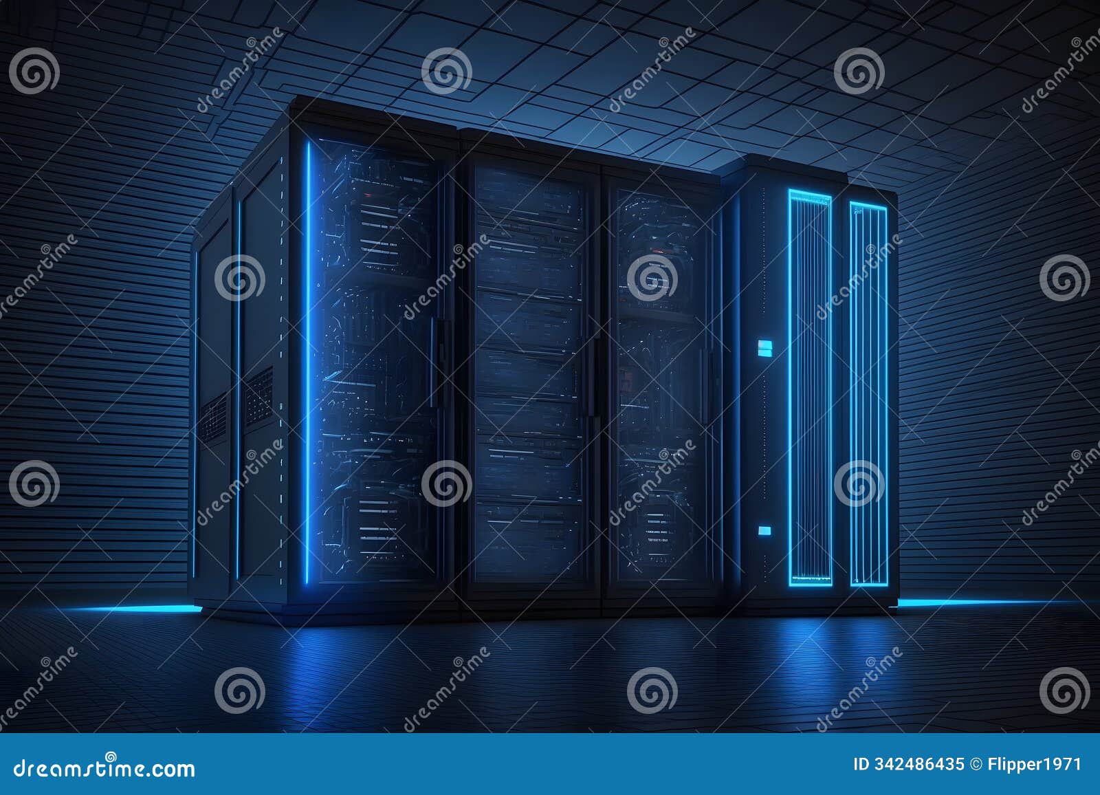 Modern Data Center - Server Racks in a Dark Room Glow with Neon Light ...