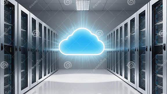 Modern Data Center with Server Racks and a Glowing Cloud Symbol, Representing Cloud Computing ...