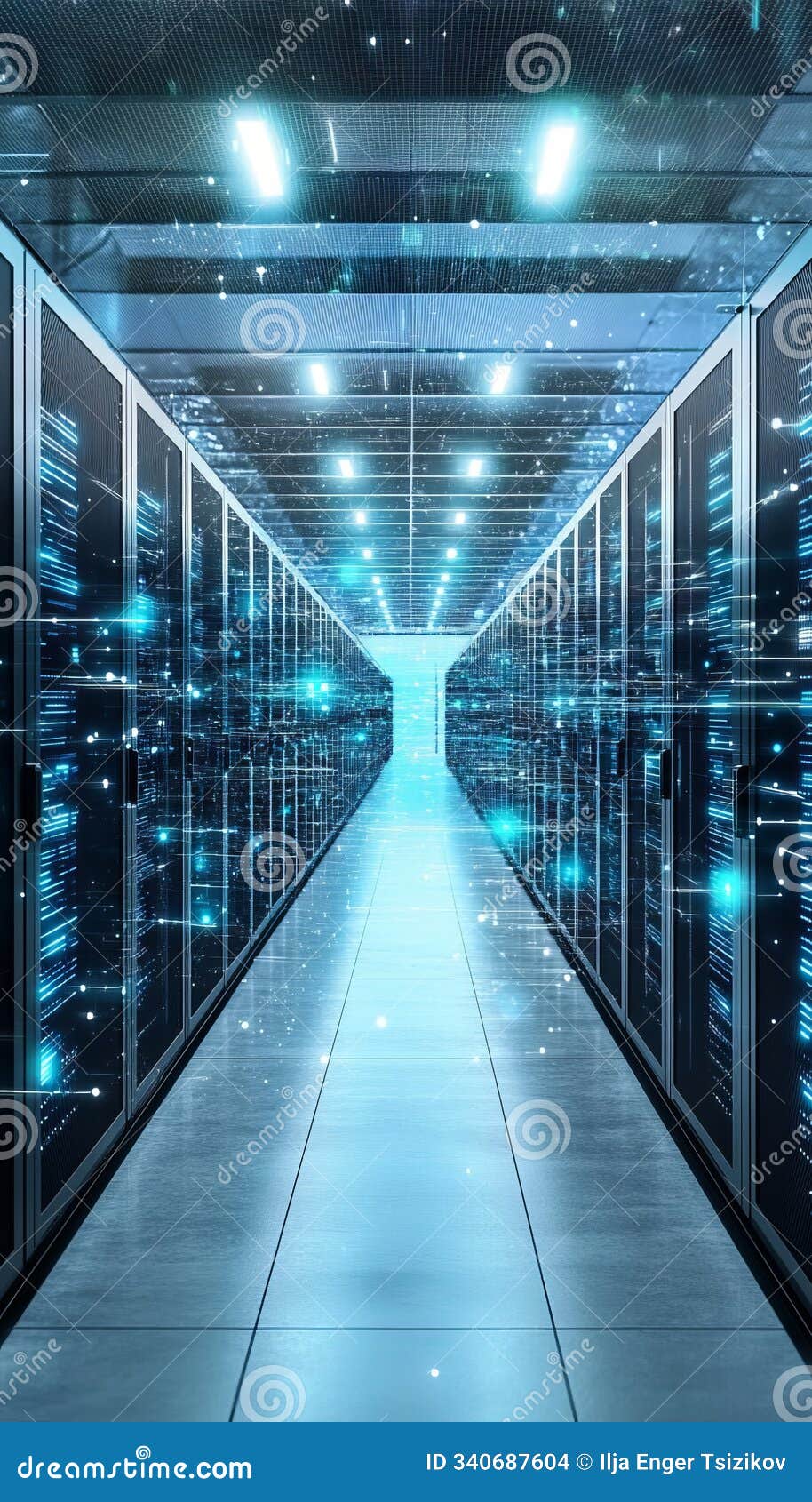 Modern Data Center with Server Racks, Illuminated with Blue Light ...