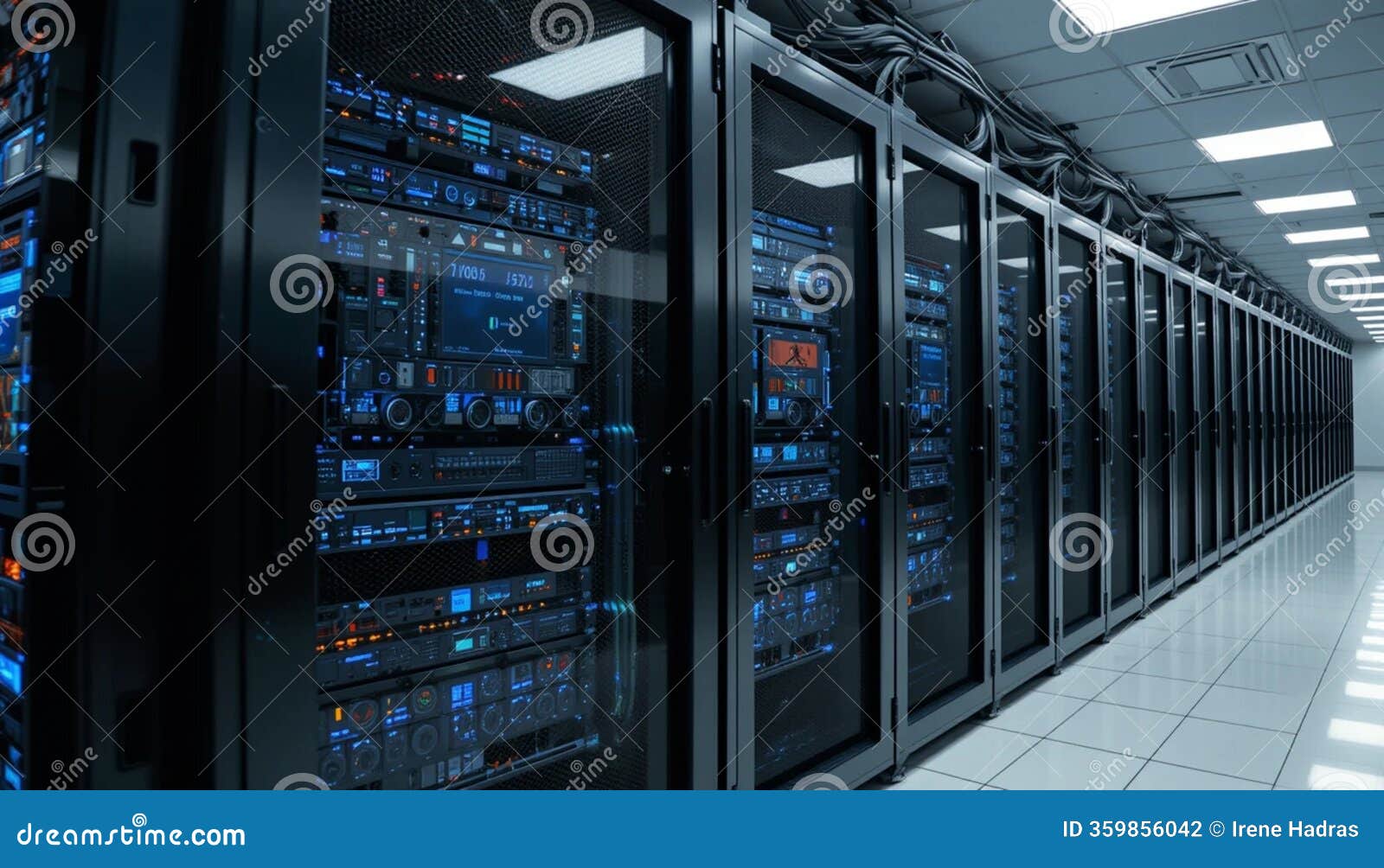 A Modern Data Center Server Room Features Rows of Black Server Racks ...