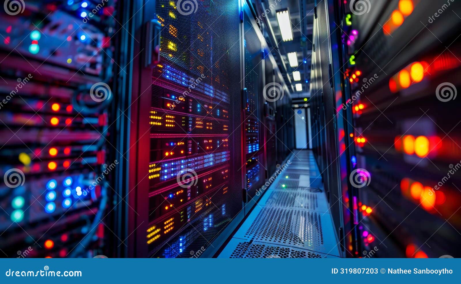 Modern Data Center Server Room with Glowing LED Lights, Showcasing ...