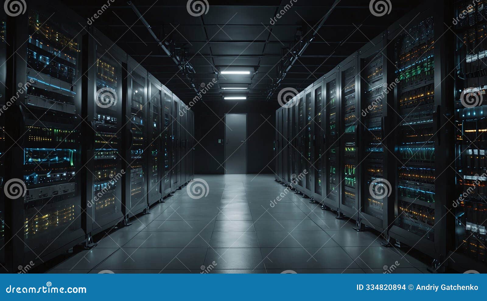 Modern Data Center Server Room with Rows of Network Equipment and LED ...
