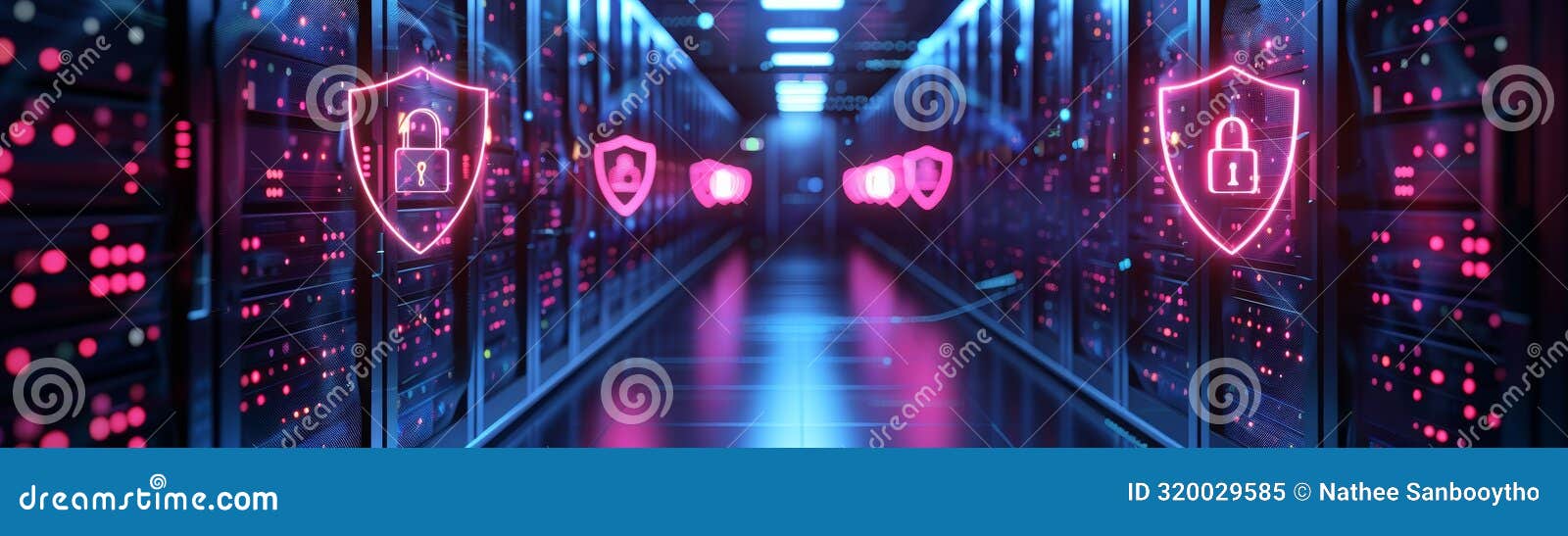 Modern Data Center Servers with Cybersecurity Icons and Neon Lights ...