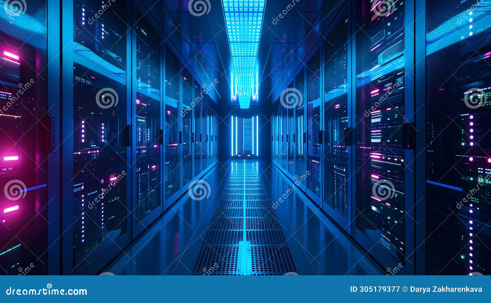 Modern Data Center Servers Glowing in Blue and Pink Lights, Network ...
