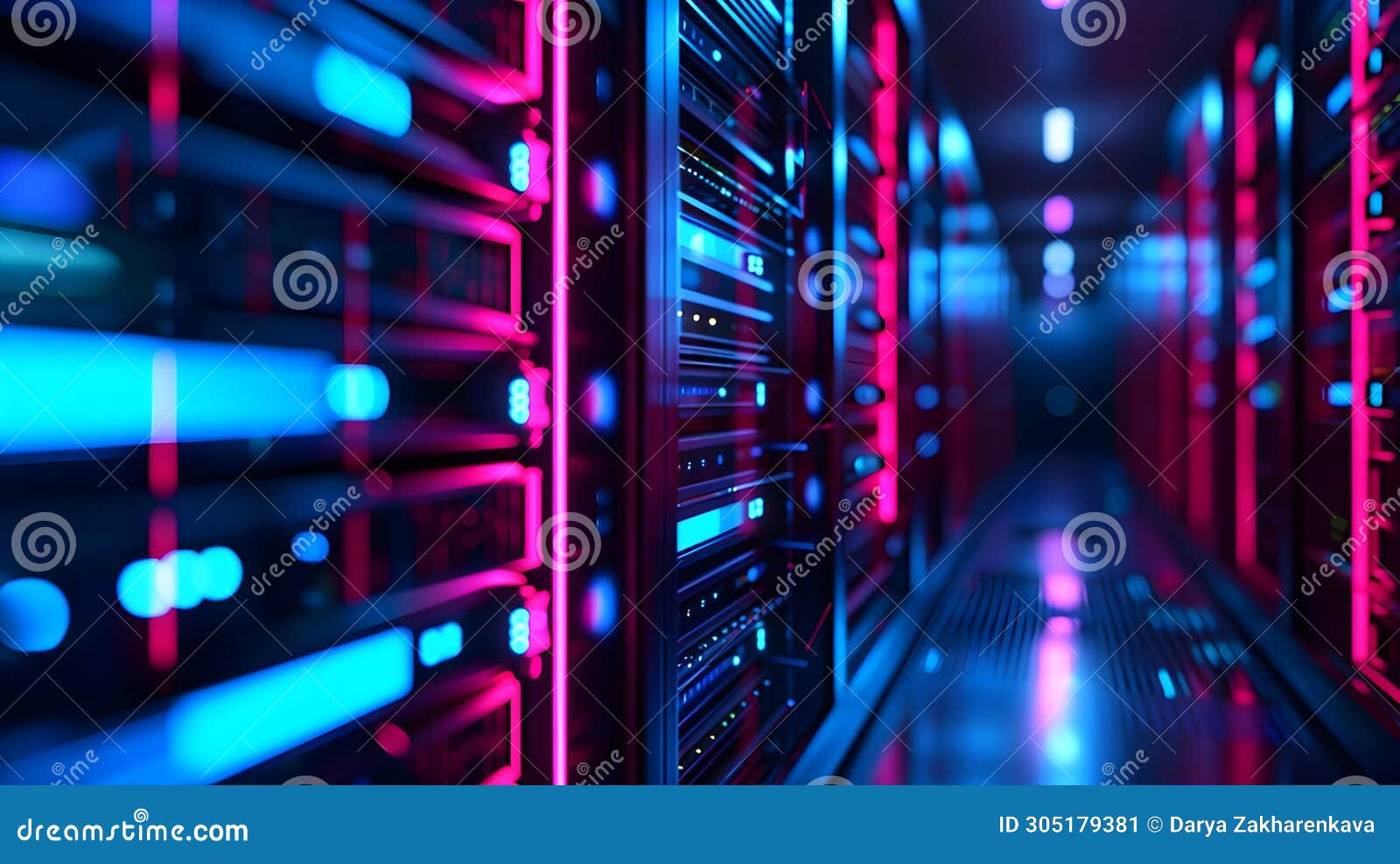 Modern Data Center Servers Glowing in Blue and Pink Lights, Network ...