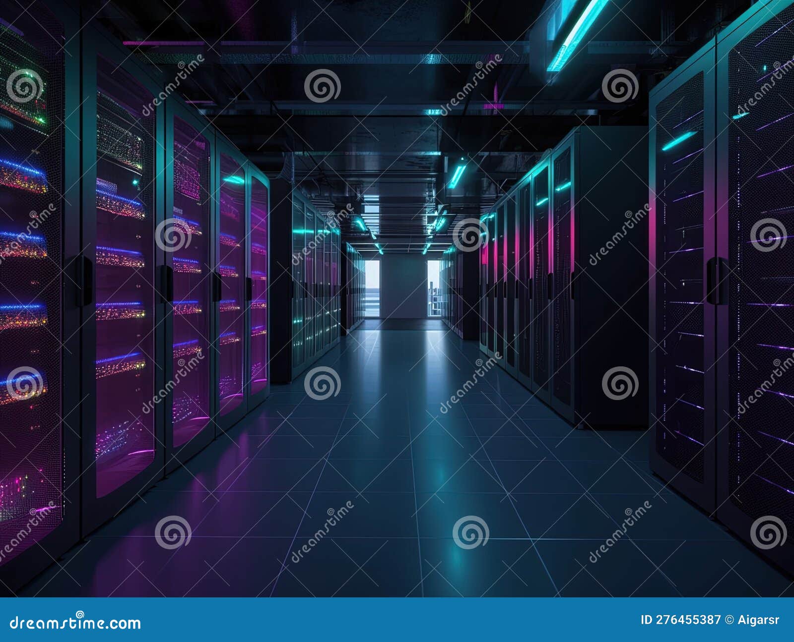 Modern Data Center with Servers and Neon Light Stock Illustration ...