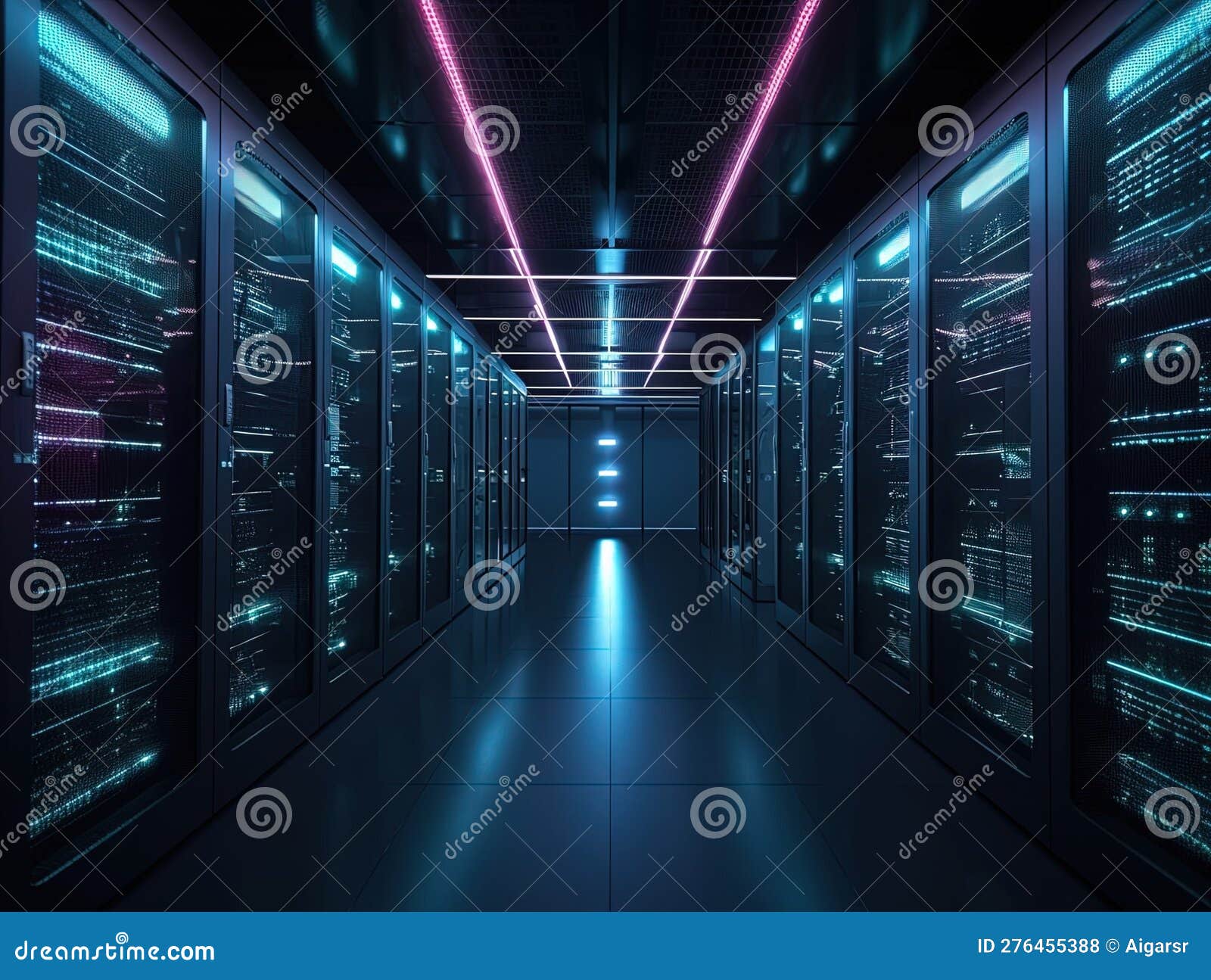 Modern Data Center with Servers and Neon Light Stock Illustration ...