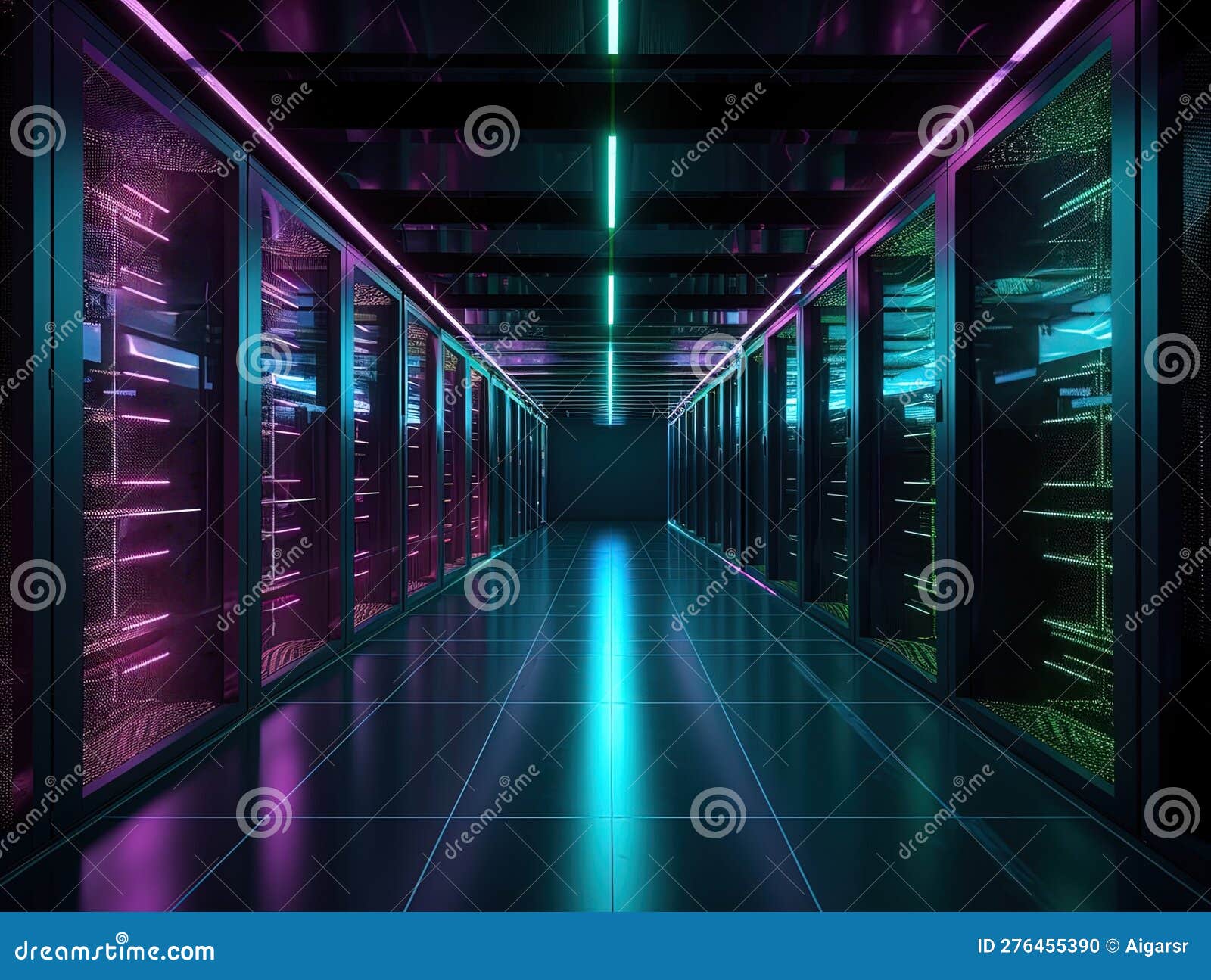 Modern Data Center with Servers and Neon Light Stock Illustration ...