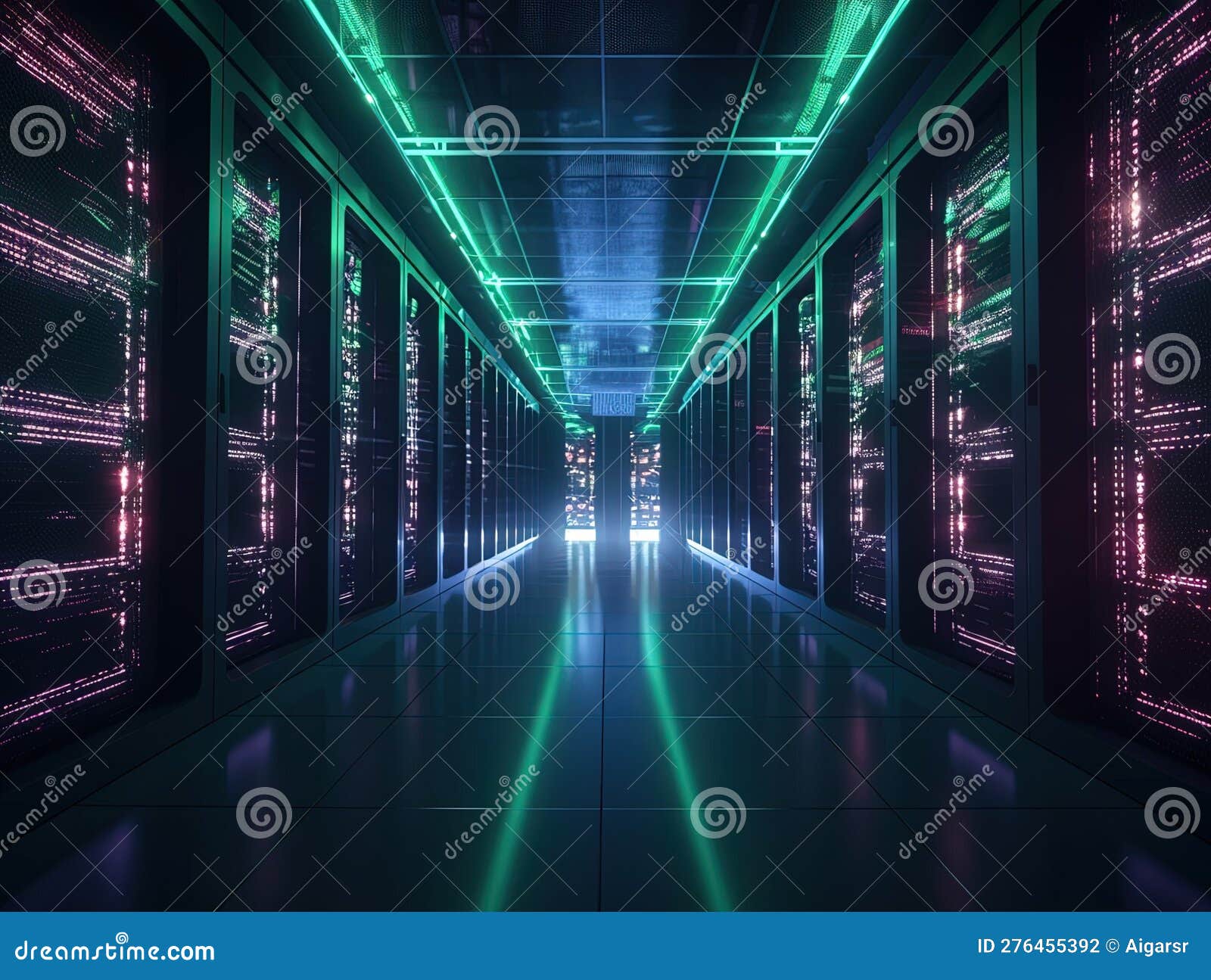 Modern Data Center with Servers and Neon Light Stock Illustration ...