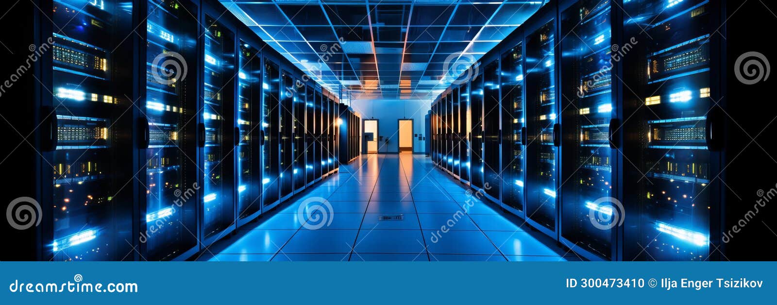 Modern Data Center with State of the Art Server Racks Emitting a ...