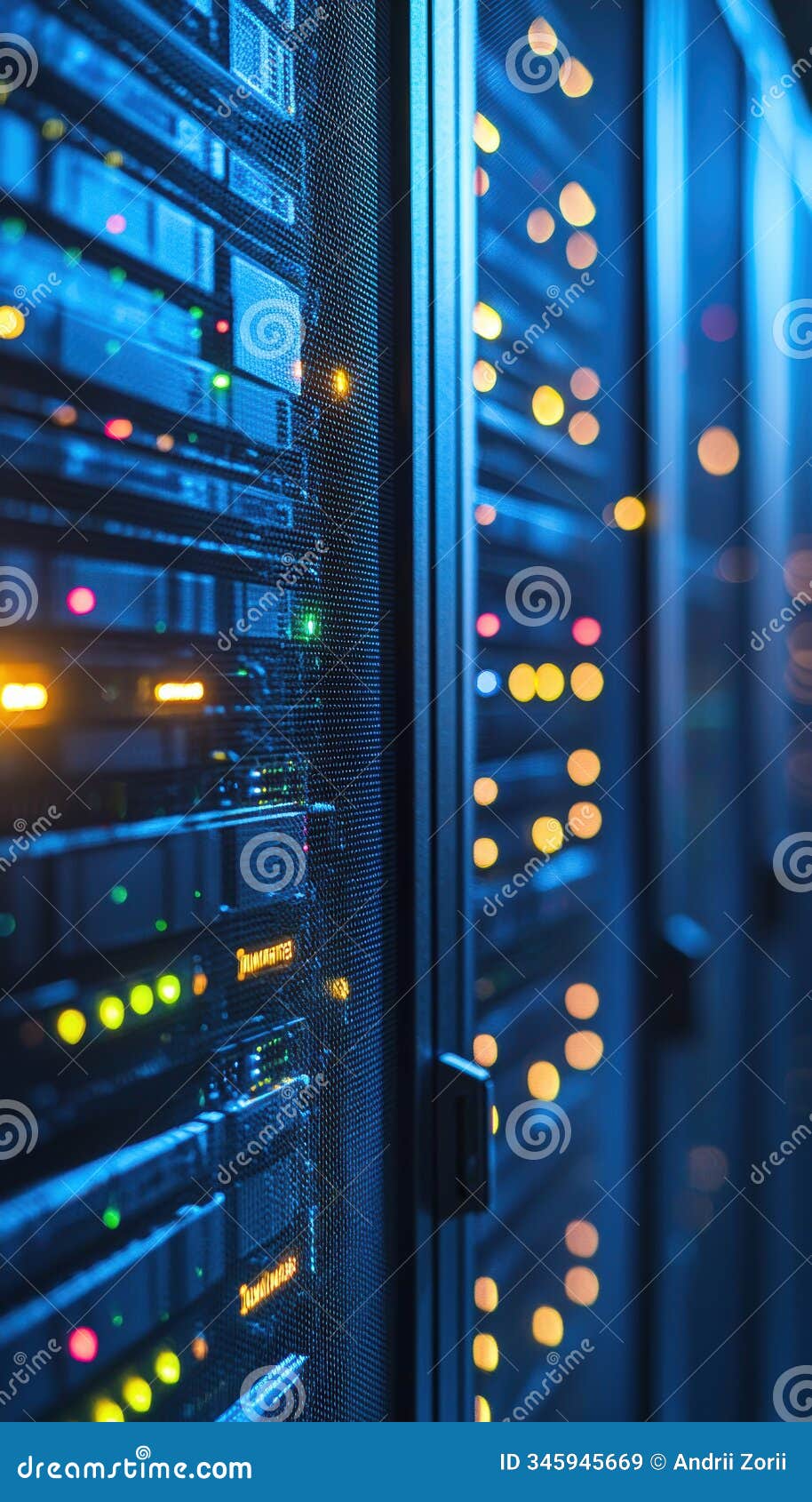 Modern Data Center Technology with LED Lights and Complex Wiring for ...