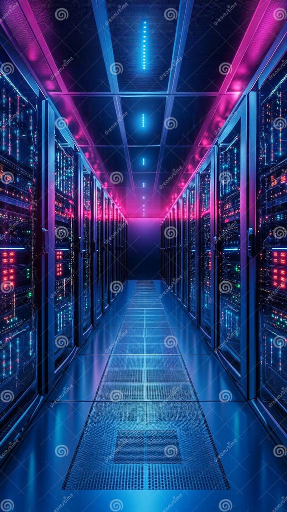 Modern Data Network Server Room with Colorful Lighting and High-Tech ...