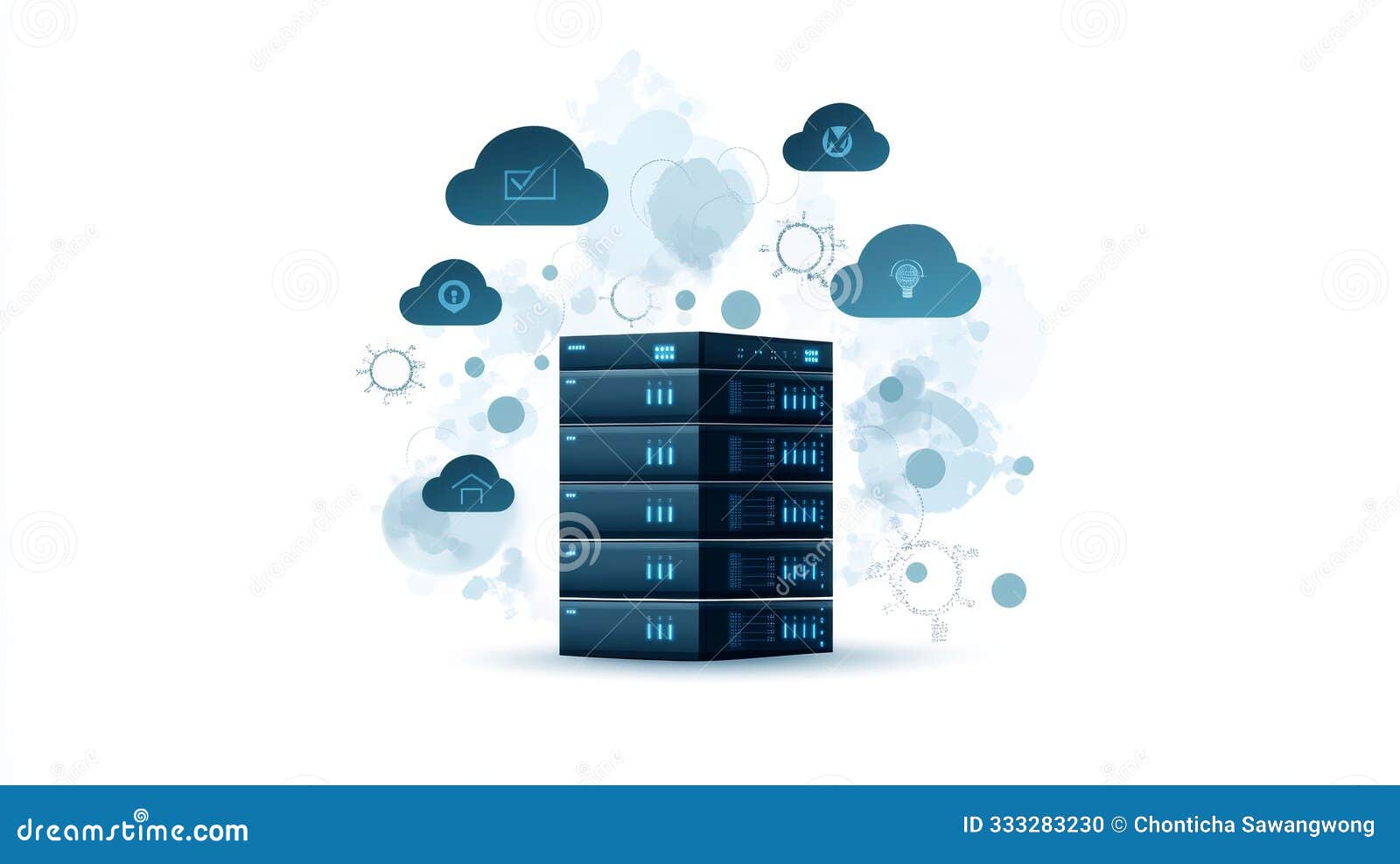 Modern Data Storage Concept Featuring Server Stack with Cloud Symbols ...