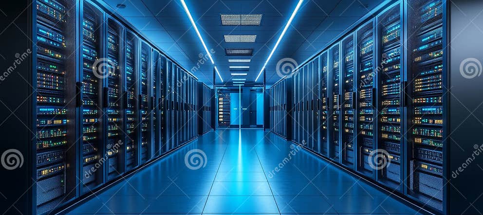 Modern Datacenter with Rows of Server Racks and Blue Lights. Network ...
