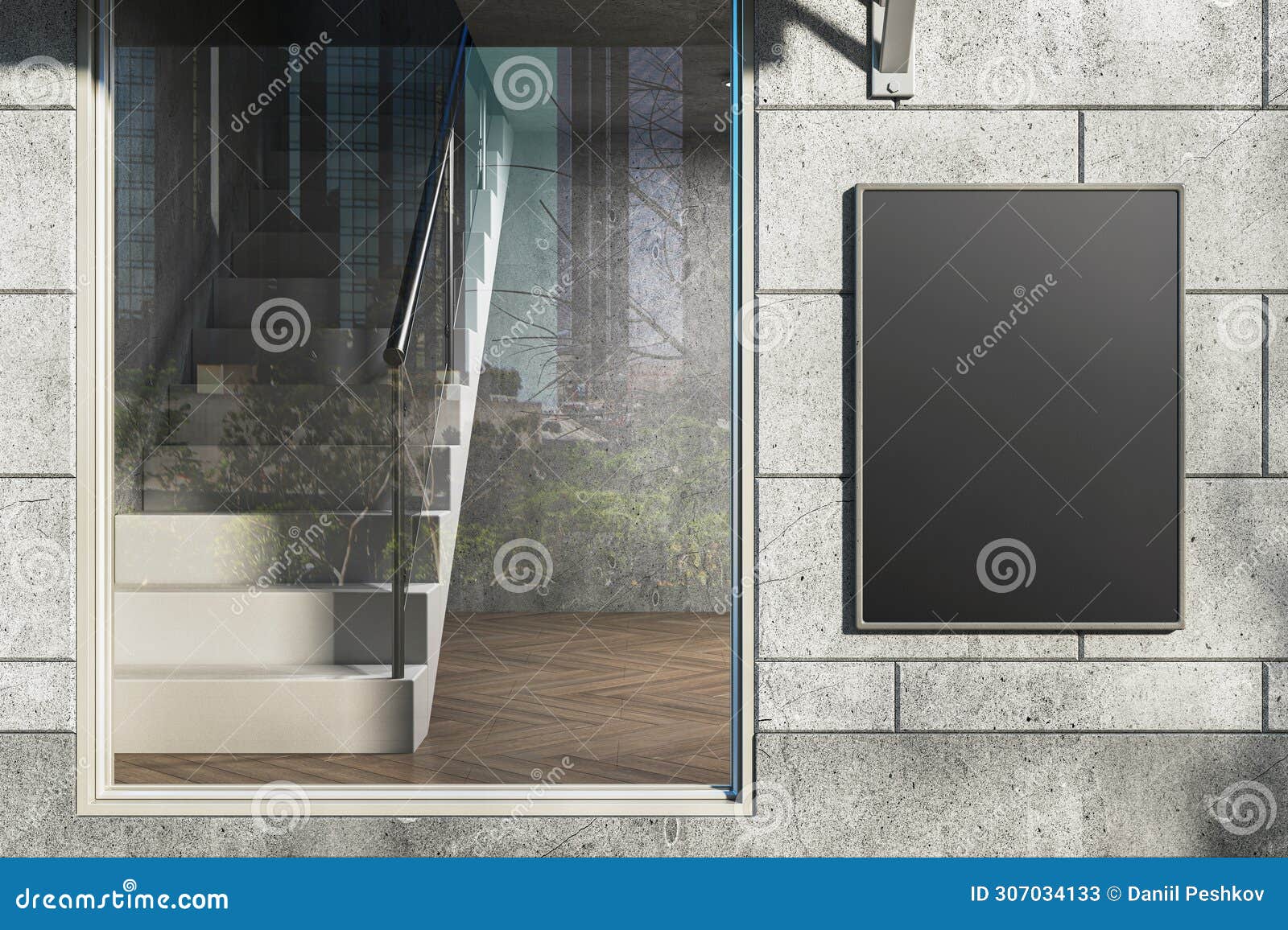 Modern Daylit Glass Storefront in Concrete Building with Empty Black ...