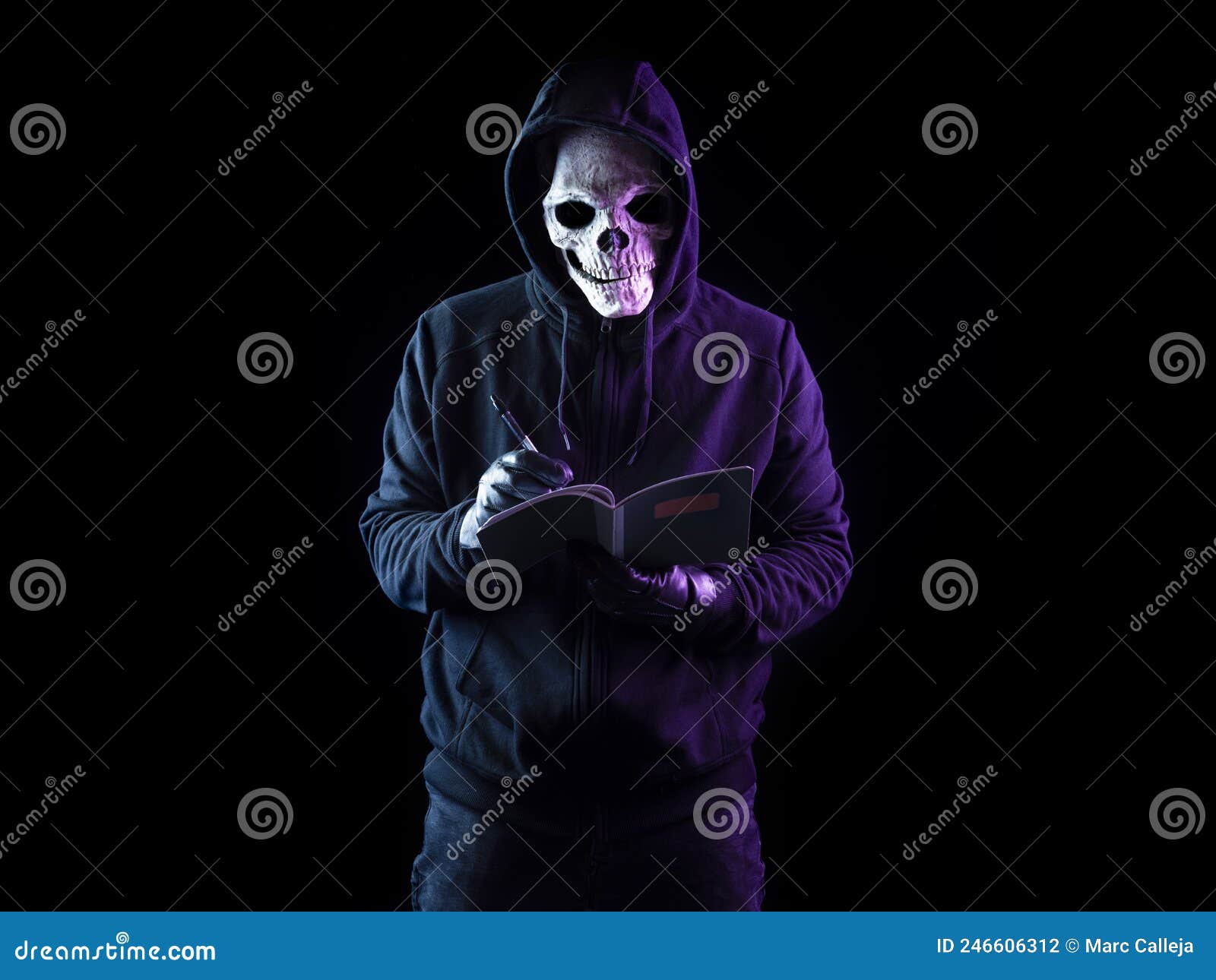 Modern Death Character on a Black Background Taking Notes Stock Photo ...